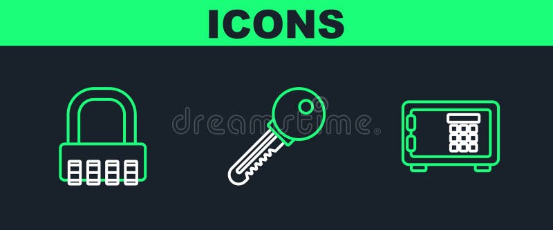 Set Line Safe, Combination Lock and Key Icon. Vector Stock Illustration ... Set Line Safe, Combination Lock and Key Icon. Vector Stock Illustration ...