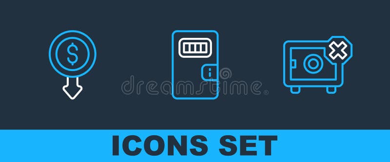 Set Line Safe, Dollar Rate Decrease and Prison Cell Door Icon. Vector Stock Illustration ...