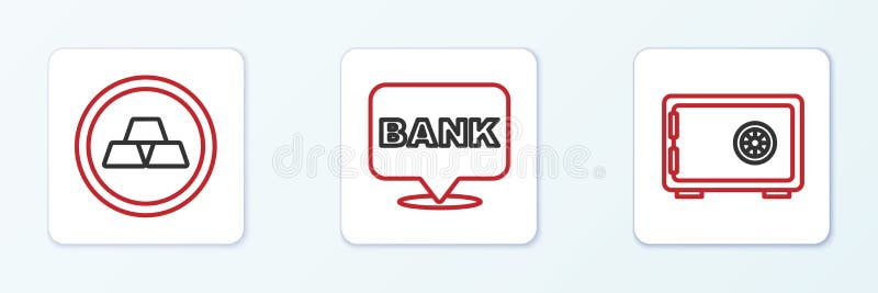 Set Line Safe, Gold Bars and Bank Building Icon. Vector Stock Vector - Illustration of line ...