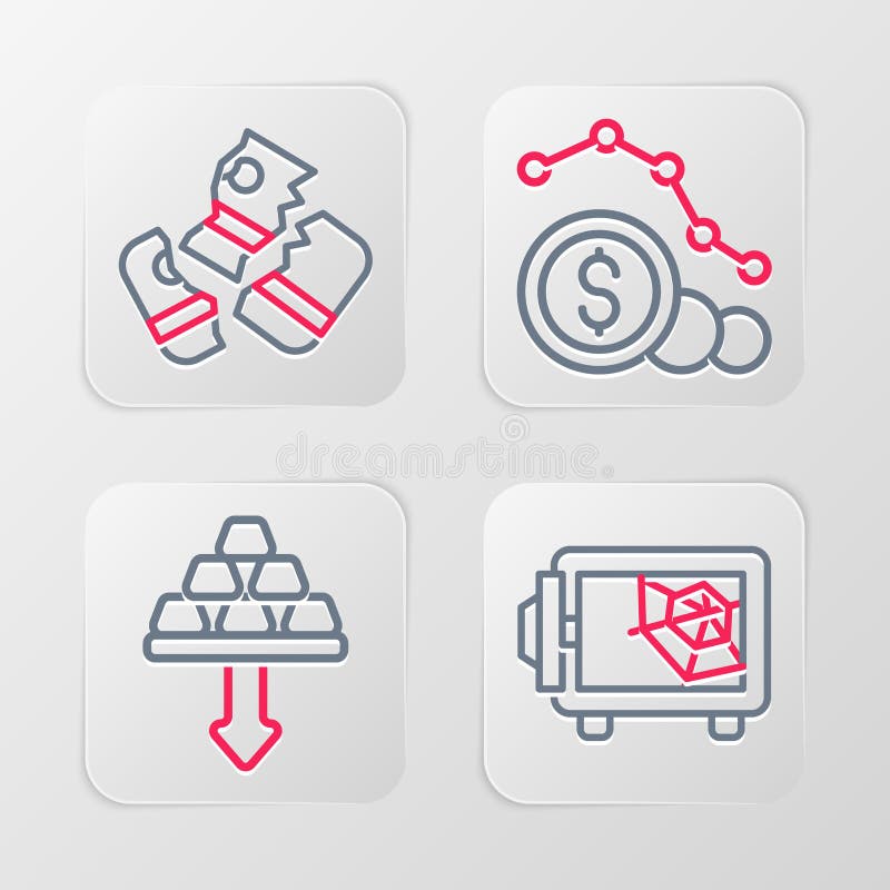 Set Line Safe, Gold Bars, Dollar Rate Decrease and Credit Card Icon. Vector Stock Illustration ...