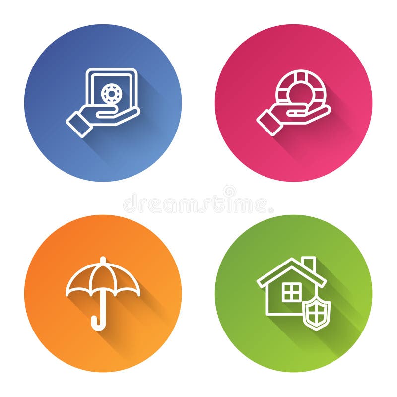 Set Line Safe in Hand, Lifebuoy, Umbrella and House with Shield. Color ... Set Line Safe in Hand, Lifebuoy, Umbrella and House with Shield. Color ...
