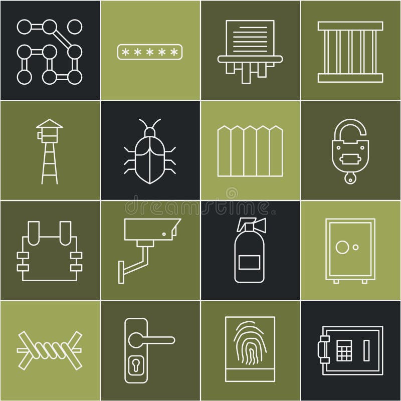 Set Line Safe, Lock and Key, Paper Shredder, System Bug Concept, Watch ... Set Line Safe, Lock and Key, Paper Shredder, System Bug Concept, Watch ...