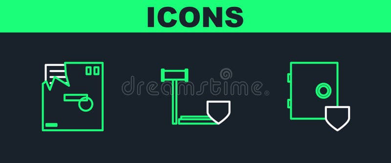 Set Line Safe with Shield, Ordered Envelope and Judge Gavel Icon ...