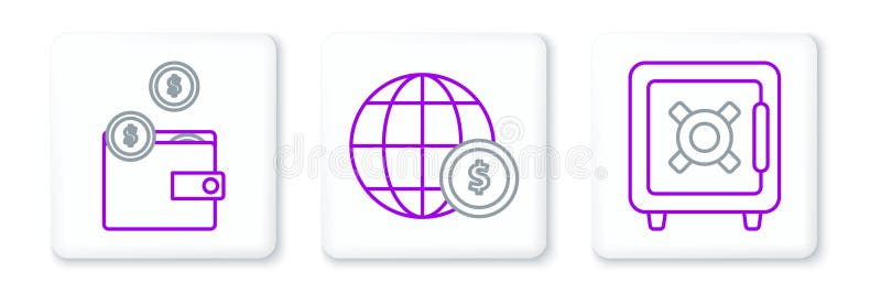 Set Line Safe, Wallet with Coins and Earth Globe Dollar Symbol Icon ...