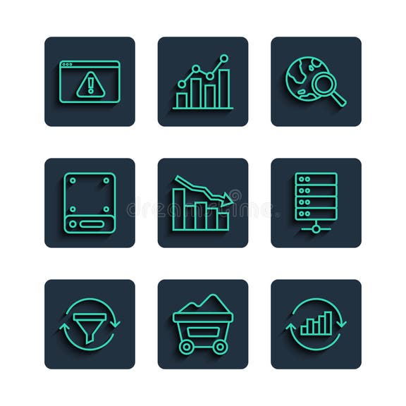 Set Line Sales Funnel with Chart, Coal Mine Trolley, Pie Infographic, Search Globe, Financial ...