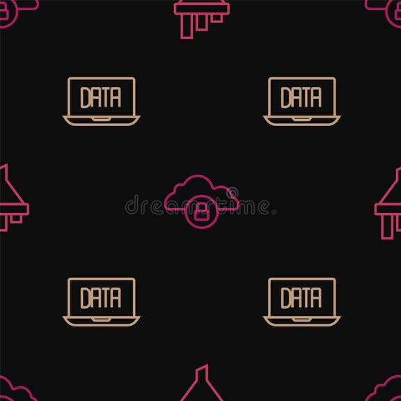 Set Line Sales Funnel with Chart, Data Analysis and Cloud Computing Lock on Seamless Pattern ...