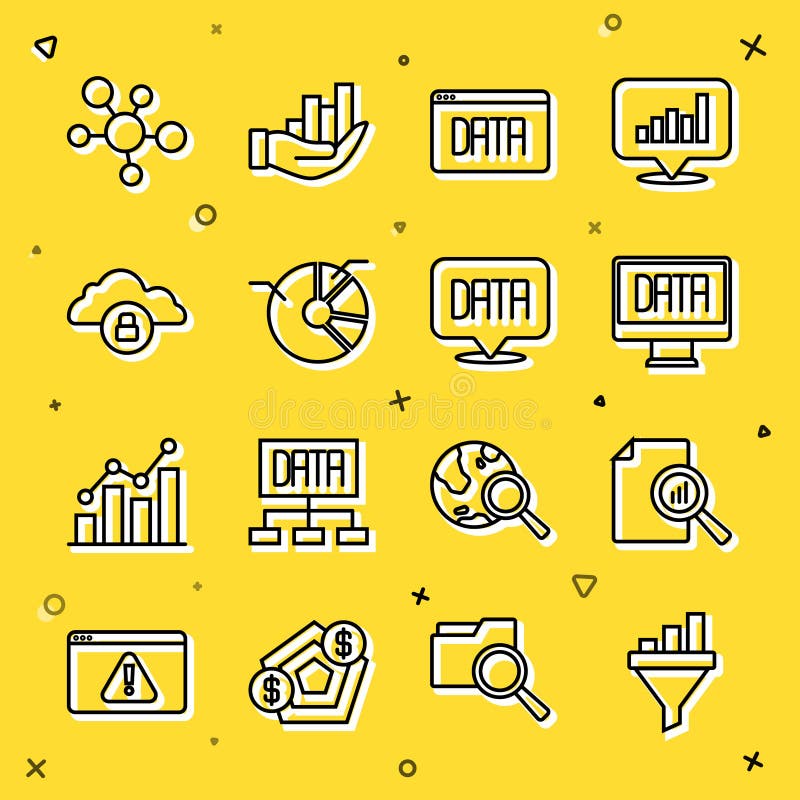 Set Line Sales Funnel with Chart, Document Graph, Data Analysis, Pie Infographic, Cloud ...