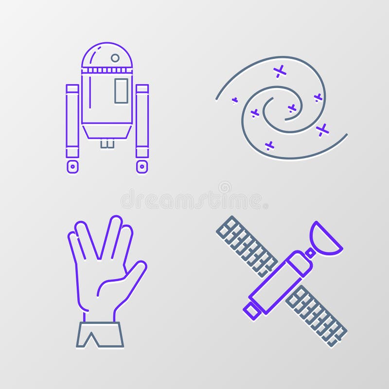 Set Line Satellite, Vulcan Salute, Black Hole and Robot Icon. Vector ... Set Line Satellite, Vulcan Salute, Black Hole and Robot Icon. Vector ...