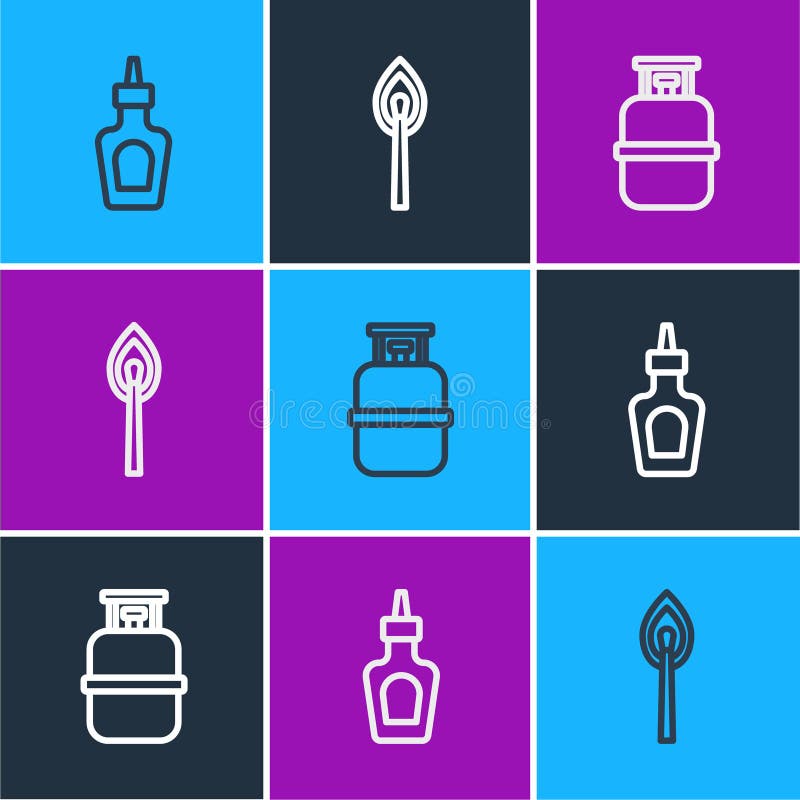Set Line Sauce Bottle, Propane Gas Tank and Burning Match with Fire ...