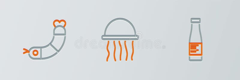 Set Line Sauce Bottle, Shrimp and Jellyfish Icon. Vector Stock Vector ...