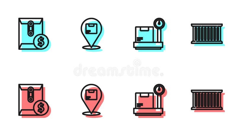 Set Line Scale with Cardboard Box, Envelope Dollar Symbol, Location and ...