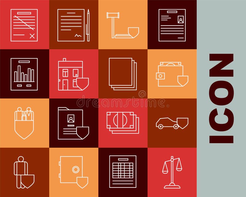 Set Line Scales of Justice, Car with Shield, Wallet and Money, Judge ... Set Line Scales of Justice, Car with Shield, Wallet and Money, Judge ...