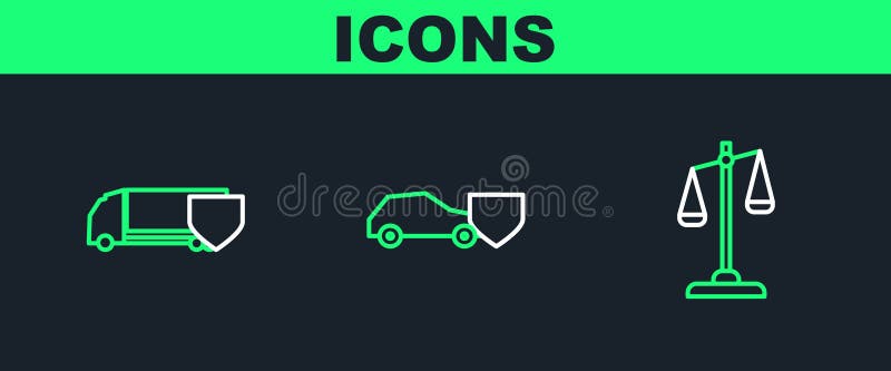 Set Line Scales of Justice, Delivery Cargo Truck with Shield and Car ...