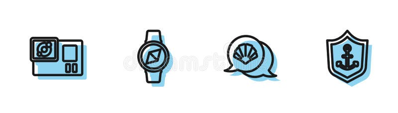 Set Line Scallop Sea Shell, Action Camera, Compass and Anchor Inside ...