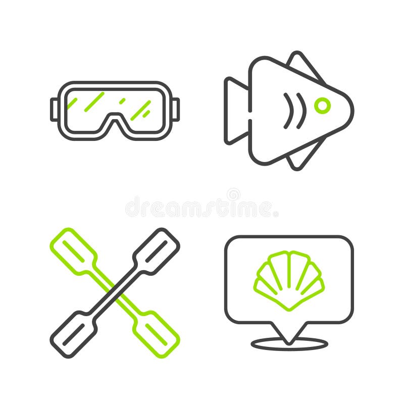 Set Line Scallop Sea Shell, Paddle, Fish and Diving Mask Icon. Vector ...