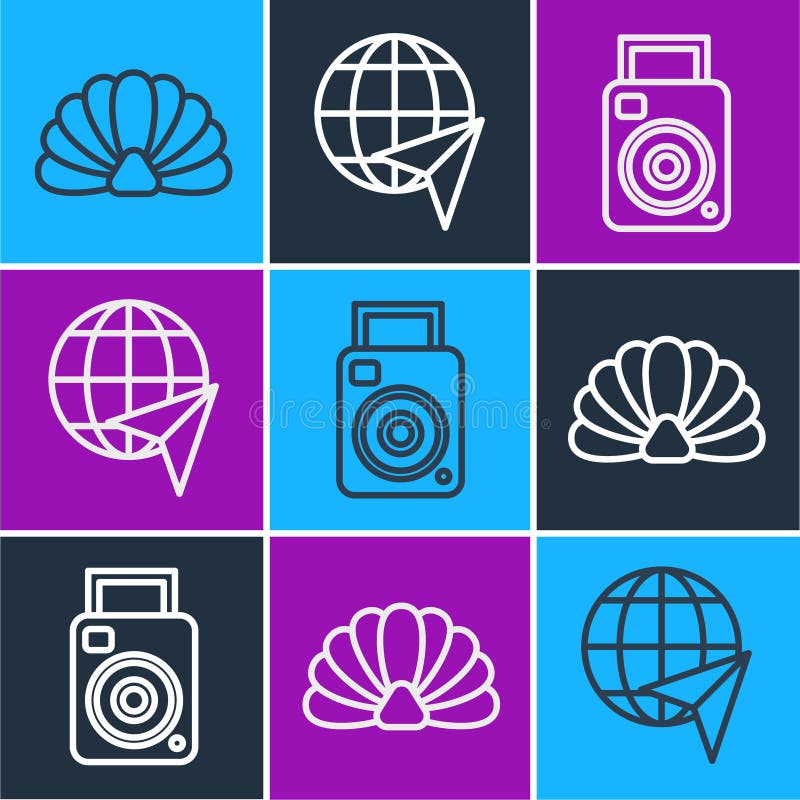 Set Line Scallop Sea Shell, Photo Camera and Globe with Flying Plane ...