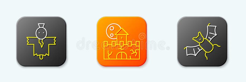 Set Line Scarecrow, Castle, Fortress and Flying Bat Icon. Vector Stock ...