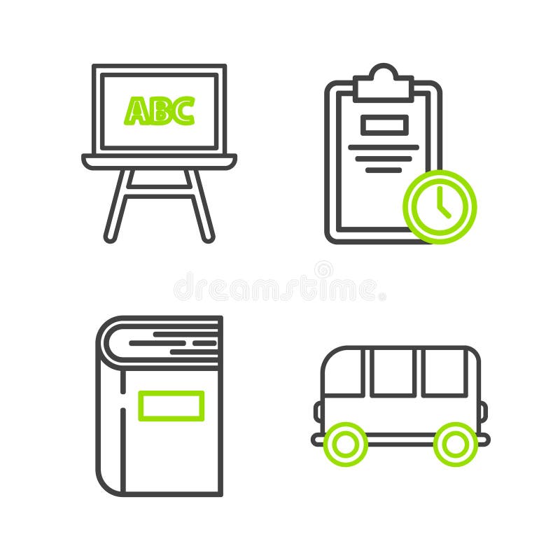 Set Line School Bus, Book, Exam Sheet with Clock and Chalkboard Icon ... Set Line School Bus, Book, Exam Sheet with Clock and Chalkboard Icon ...