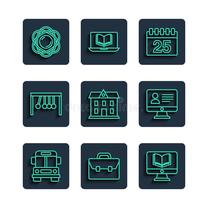 Set Line School Bus, Briefcase, Online Class, Calendar, Building ... Set Line School Bus, Briefcase, Online Class, Calendar, Building ...