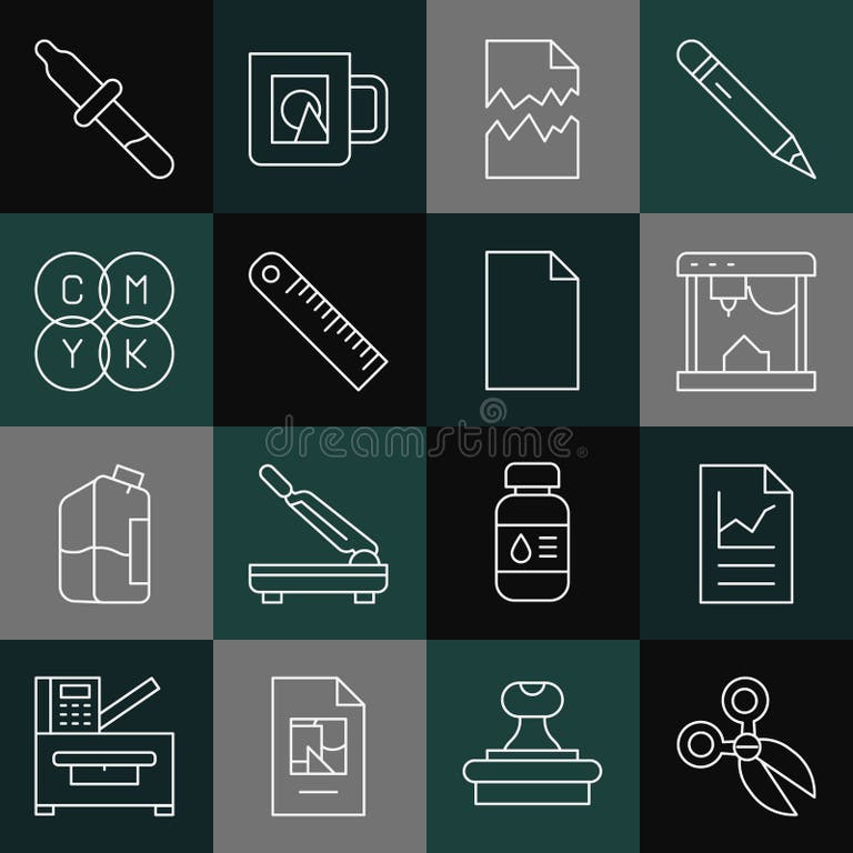 Set Line Scissors, Document with Graph Chart, 3D Printer, Torn Document, Ruler, CMYK Color ...
