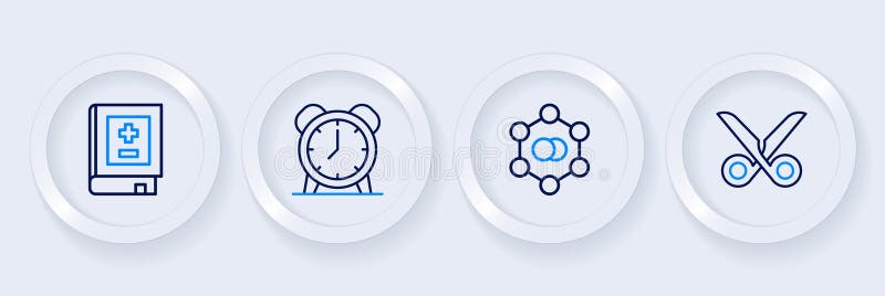 Set Line Scissors, Molecule, Alarm Clock and Book with Mathematics Icon ...