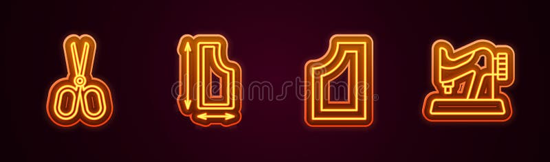 Set Line Scissors, Sewing Pattern, and Machine. Glowing Neon Icon ...