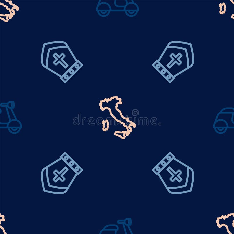 Set Line Scooter, Pope Hat and Map of Italy on Seamless Pattern. Vector ...