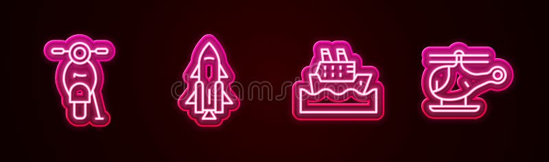 Set Line Scooter, Rocket Ship with Fire, Cruise and Helicopter. Glowing ...