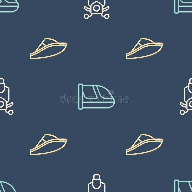 Set Line Scooter, Speedboat and Train and Railway on Seamless Pattern ...