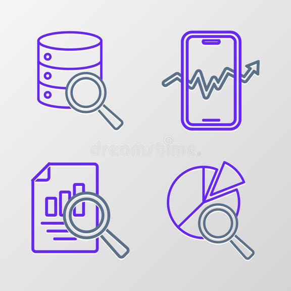 Set Line Search Data Analysis, Document with Graph Chart, Mobile Stock Trading and Server Icon ...
