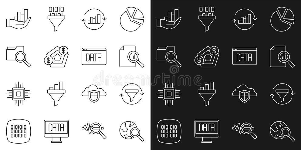 Set Line Search Globe, Sales Funnel with Chart, Document Graph, Pie Infographic, Financial ...