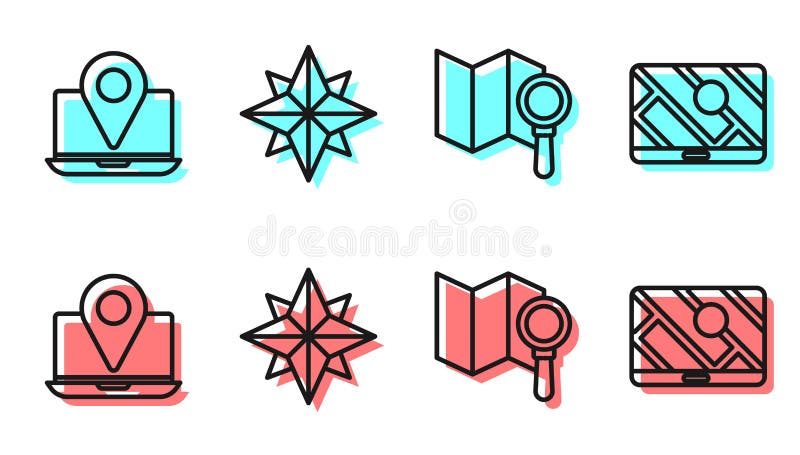Set Line Search Location, Laptop with Location Marker, Wind Rose and ...