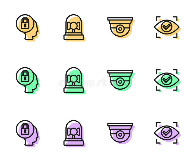 Set Line Security Camera, Lock, Ringing Alarm Bell and Eye Scan Icon ...