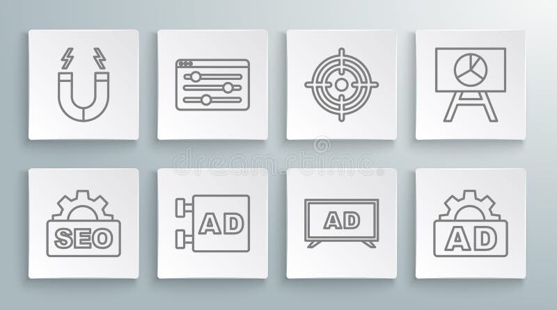 Set Line SEO Optimization, Browser Setting, Advertising, Target, Board with Graph Chart and ...