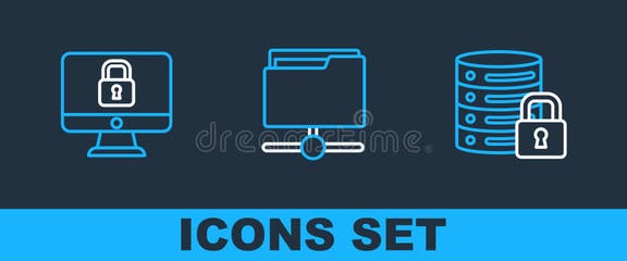 Set Line Server Security with Lock, Lock on Computer Monitor and FTP Folder Icon. Vector Stock ...