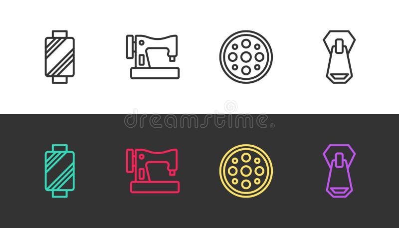 Set Line Sewing Thread on Spool, Machine, Button and Zipper on Black ...