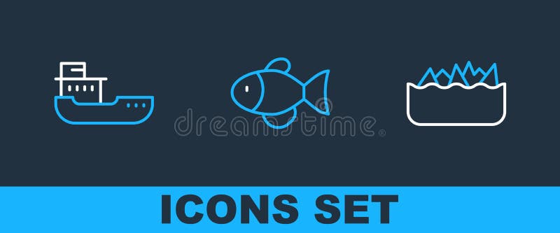 Set Line Sharp Stone Reefs, Cargo Ship and Fish Icon. Vector Stock ...