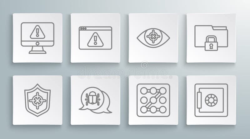 Set Line Shield, Browser with Exclamation Mark, System Bug, Graphic ... Set Line Shield, Browser with Exclamation Mark, System Bug, Graphic ...