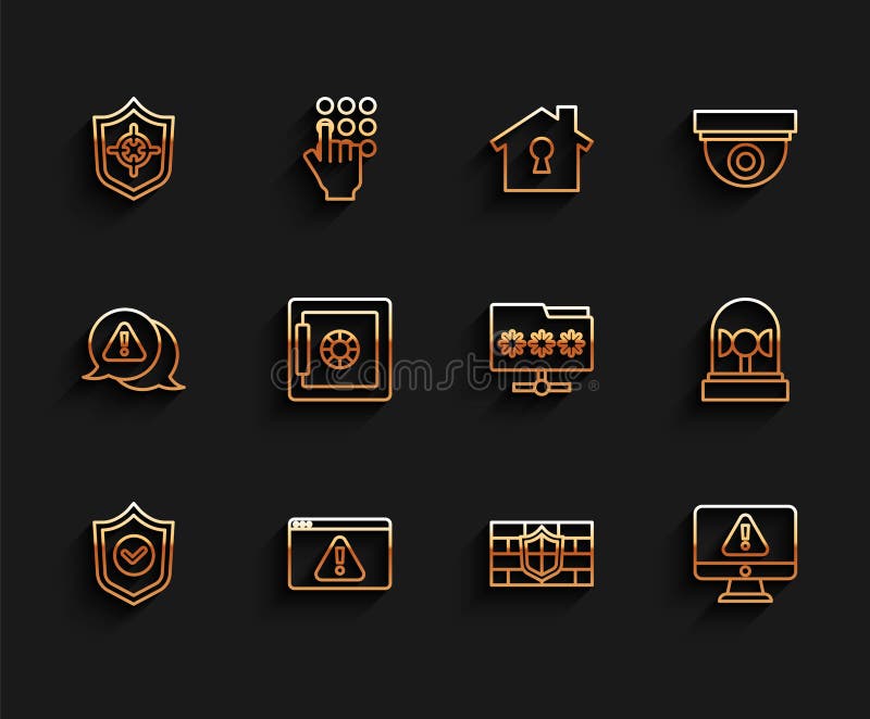 Set Line Shield with Check Mark, Browser Exclamation, Brick Wall ... Set Line Shield with Check Mark, Browser Exclamation, Brick Wall ...