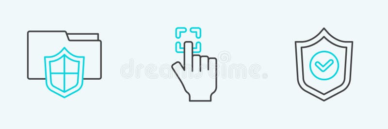 Set Line Shield with Check Mark, Document Folder Protection and Fingerprint Icon. Vector Stock ...