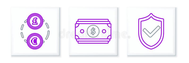Set Line Shield with Check Mark, Money Exchange and Stacks Paper Money ...