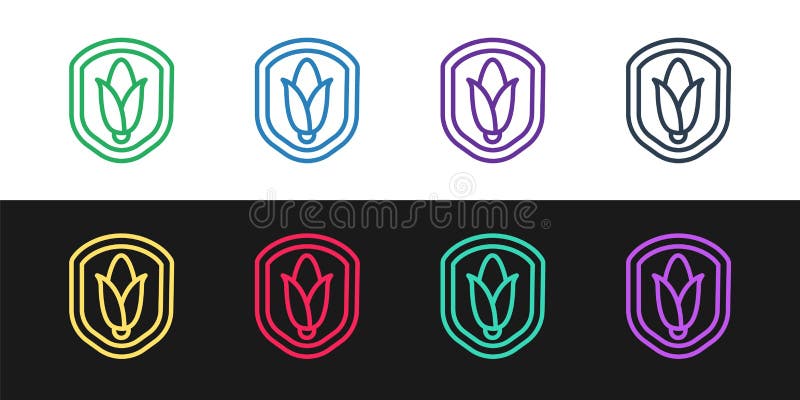 Set Line Shield Corn Icon Isolated on Black and White Background ...