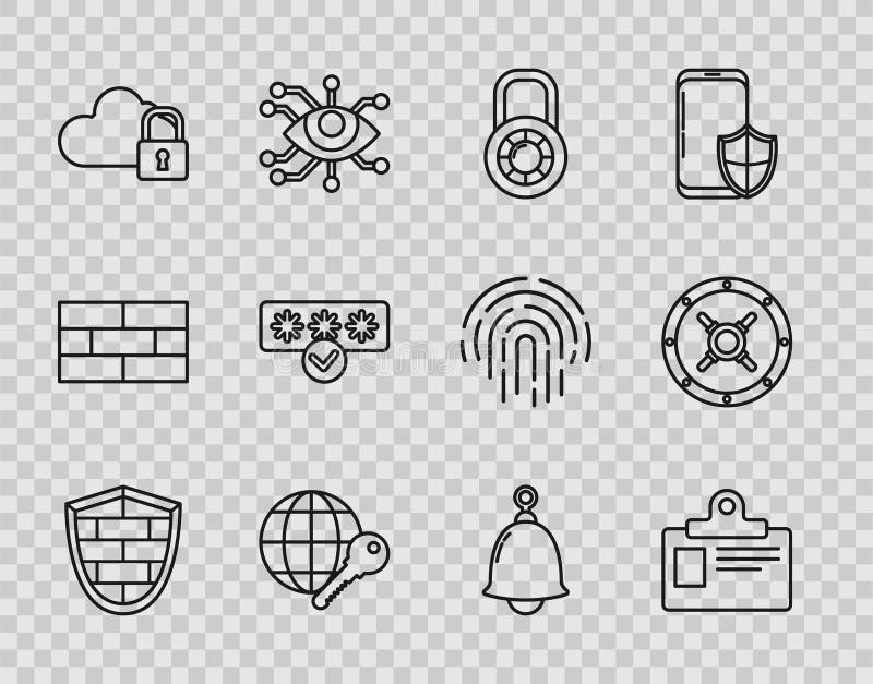 Set Line Shield with Cyber Security Brick Wall, Identification Badge ...