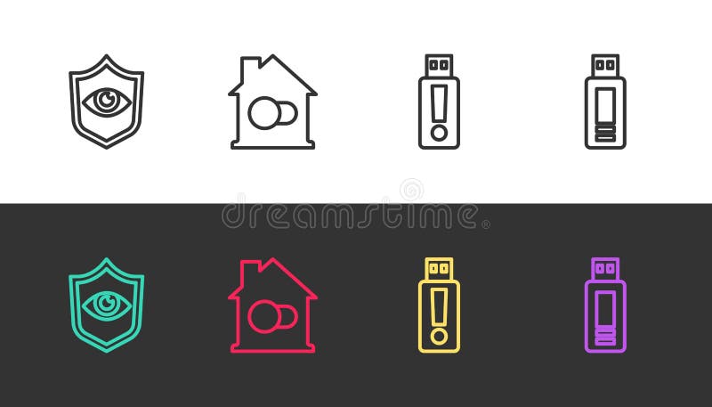 Set Line Shield and Eye, Smart Home, USB Flash Drive and on Black and ...