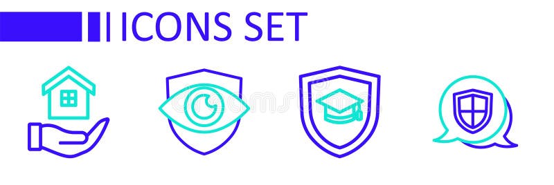 Set Line Shield, Graduation Cap with Shield, and Eye and House in Hand ...