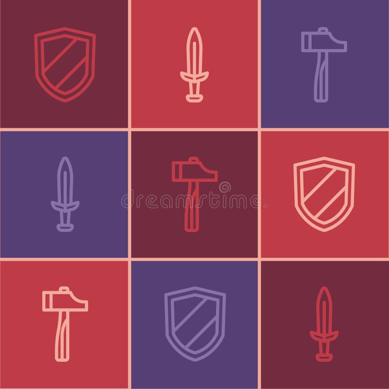 Set Line Shield, Hammer and Medieval Sword Icon. Vector Stock Vector ...