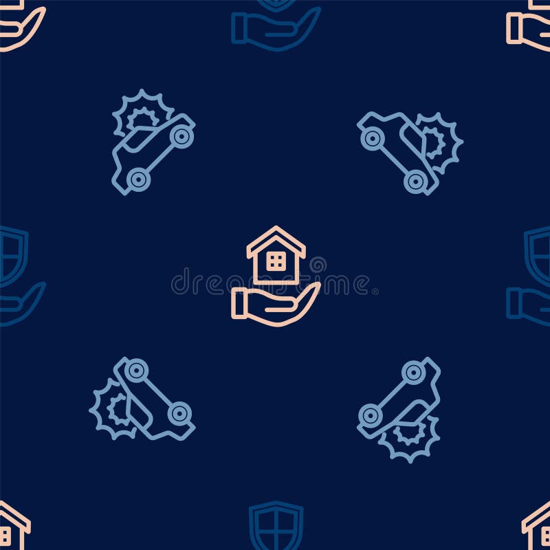 Set Line Shield in Hand, Car Insurance and House on Seamless Pattern ...