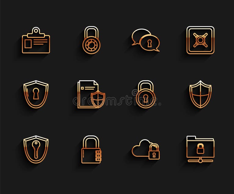 Set Line Shield with Key, Safe Combination Lock, Identification Badge, Cloud Computing, FTP ...