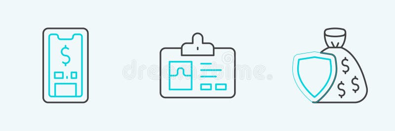 Set Line Shield and Money Bag, Mobile with Dollar and Identification Badge Icon. Vector Stock ...