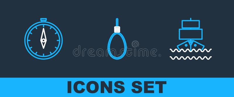Set Line Ship, Compass and Gallows Rope Loop Hanging Icon. Vector Stock ...